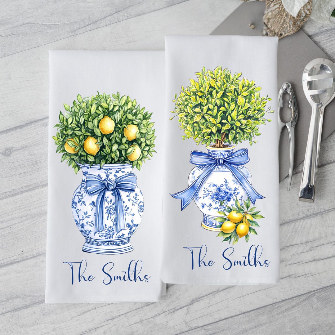 Personalized Chinoiserie Lemon Topiary Kitchen Towel, Lemon Topiary ...