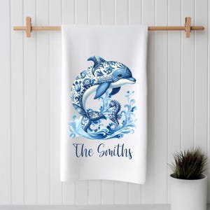 Personalized Chinoiserie Dolphin Kitchen Towel, Custom Sea Horse ...