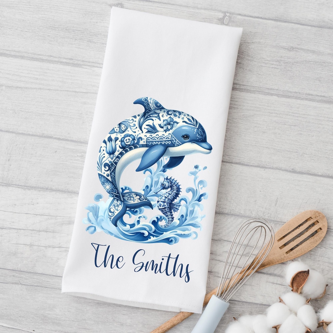 Personalized Chinoiserie Dolphin Kitchen Towel: Beach House Decor ...