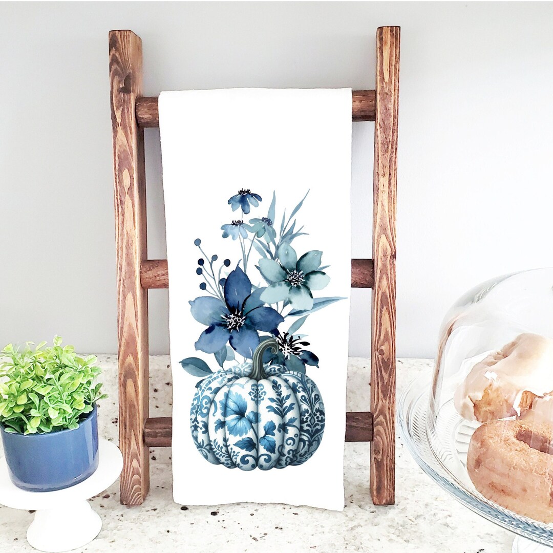 Blue and White Chinoiserie Fall Pumpkin Kitchen Towel, Chinoiserie ...