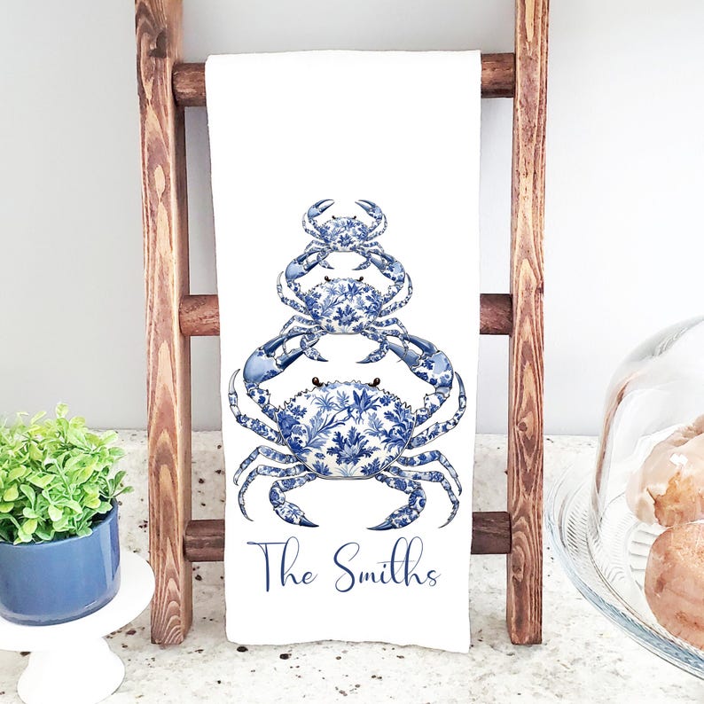 Personalized Chinoiserie Crab Kitchen Towel: Beach House Decor - Etsy
