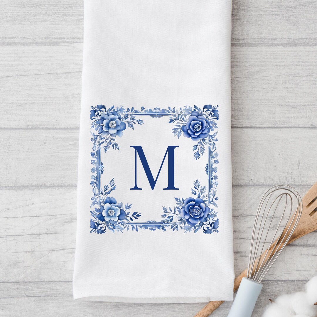 Personalized Monogram Toile Kitchen Towel: Blue Chinoiserie Decor - Etsy