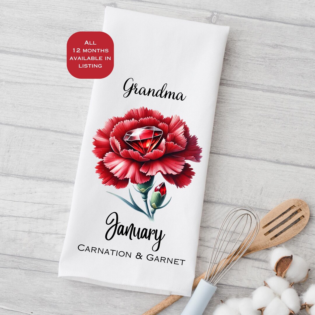 Personalized Birthstone Month and Flower Tea Towel, Custom Birthday ...