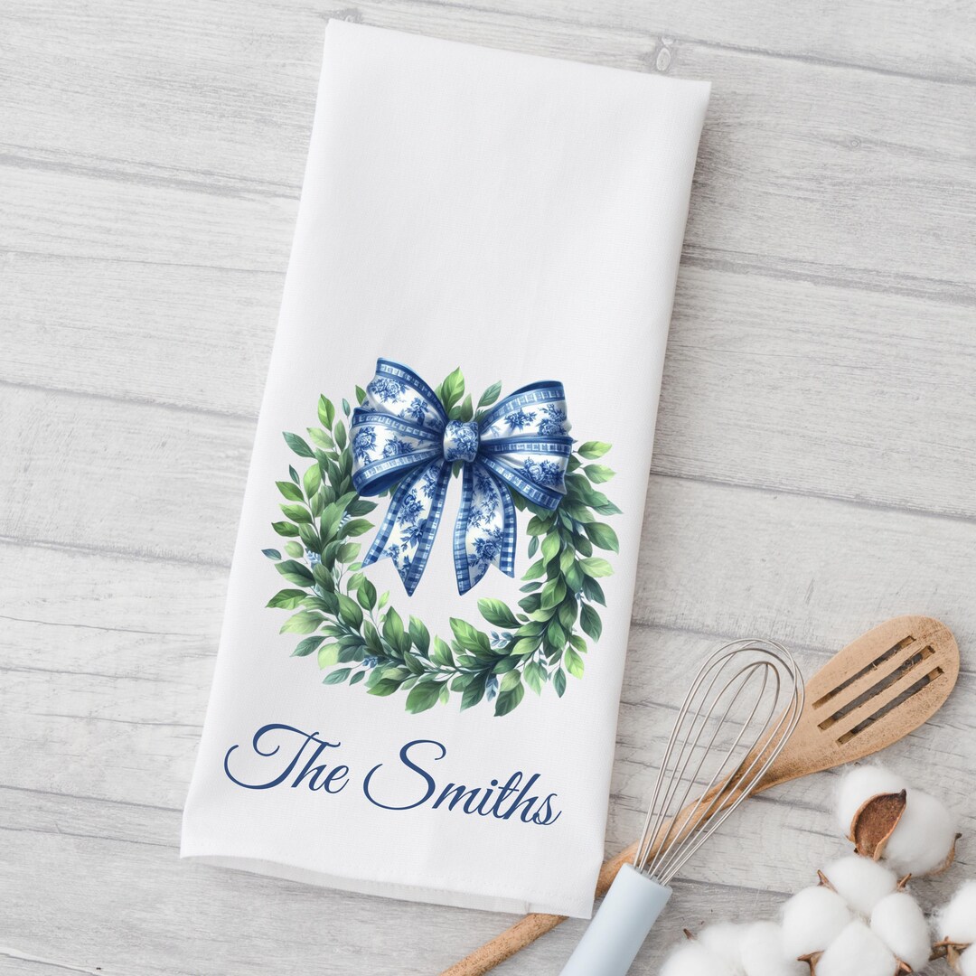 Personalized Chinoiserie Bow Kitchen Towel: Custom Eucalyptus Wreath - Etsy