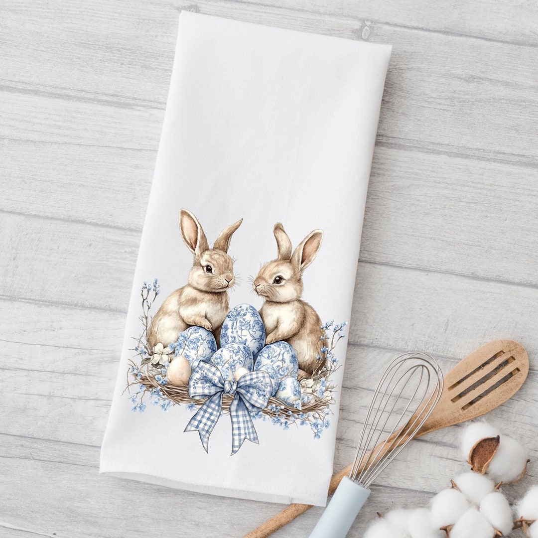 Easter Bunny Toile Kitchen Towel: Blue Chinoiserie Eggs Decor ...