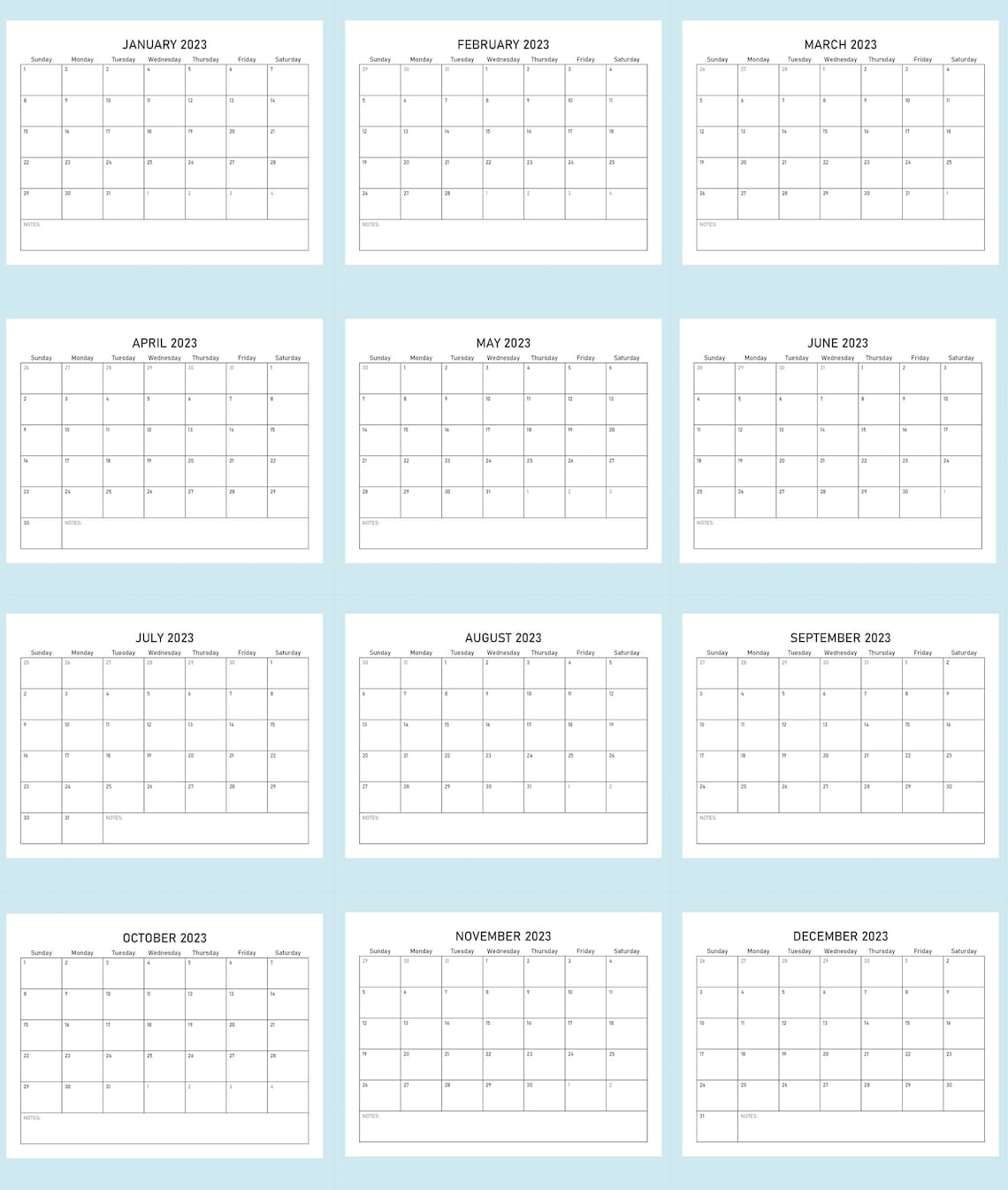 Printable 2023 Monthly Calendar, Blank, 12 Months, Landscape ...