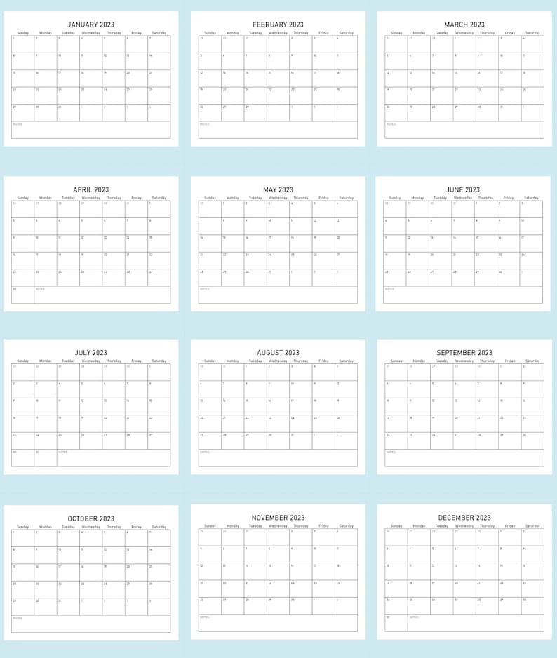 Printable 2023 Monthly Calendar, Blank, 12 Months, Landscape ...