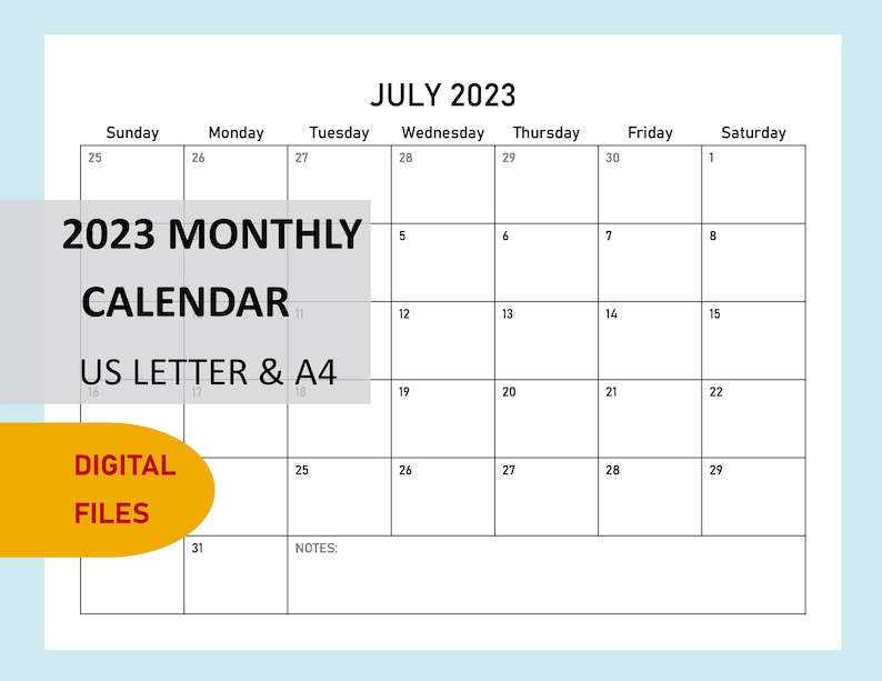 Printable 2023 Monthly Calendar, Blank, 12 Months, Landscape ...