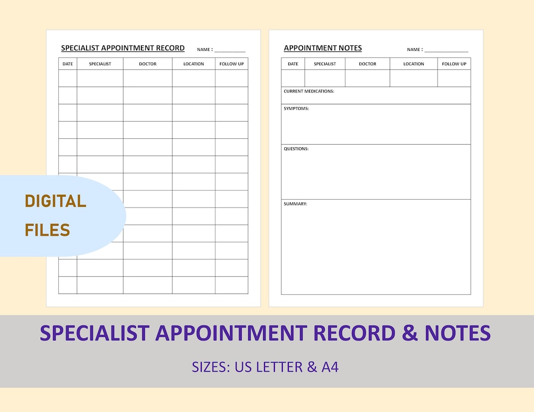 Appointment Notes and Record Printables Specialist Appointments Doctor ...