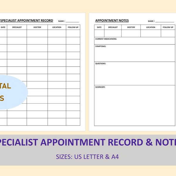 Appointment Notes and Record Printables Specialist Appointments Doctor ...