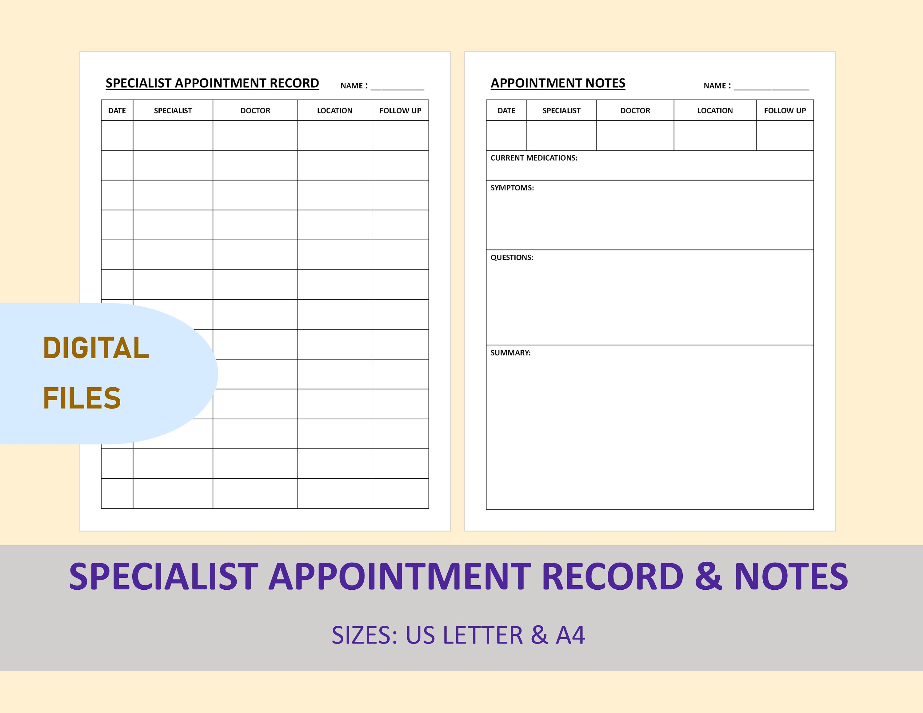 Appointment Notes and Record Printables Specialist Appointments Doctor ...