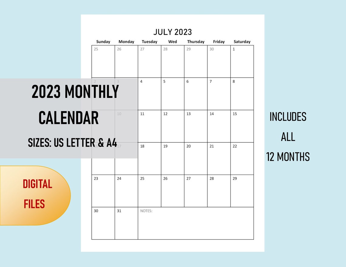 Printable 2023 Monthly Calendar Portrait Orientation, Simple Blank ...