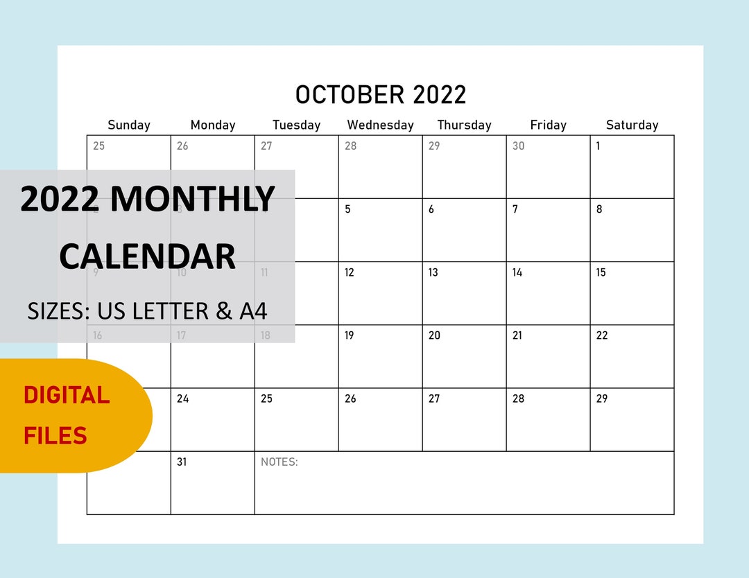 2022 Monthly Calendar, Landscape, Printable - Etsy