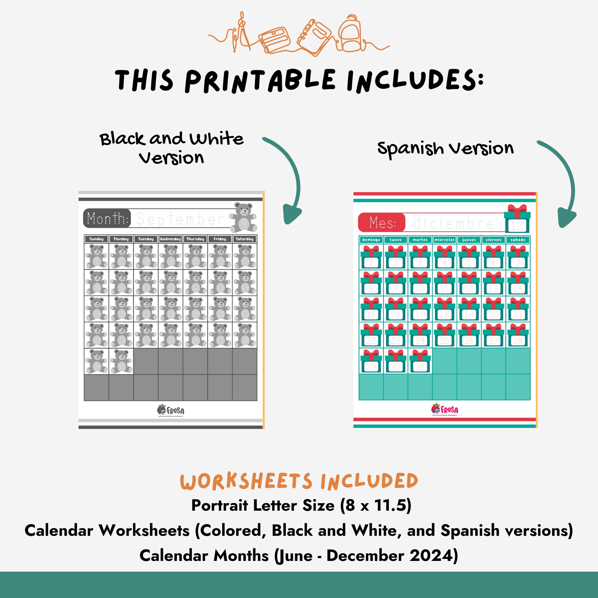 Jun-dec 2024 Themed Calendar, Tracing Hands on Activity, Spanish ...