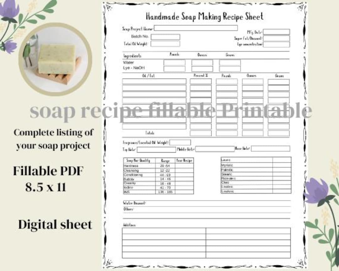 Fillable Printable Blank Soap Recipe Sheet/soap Making Recipe Planner ...
