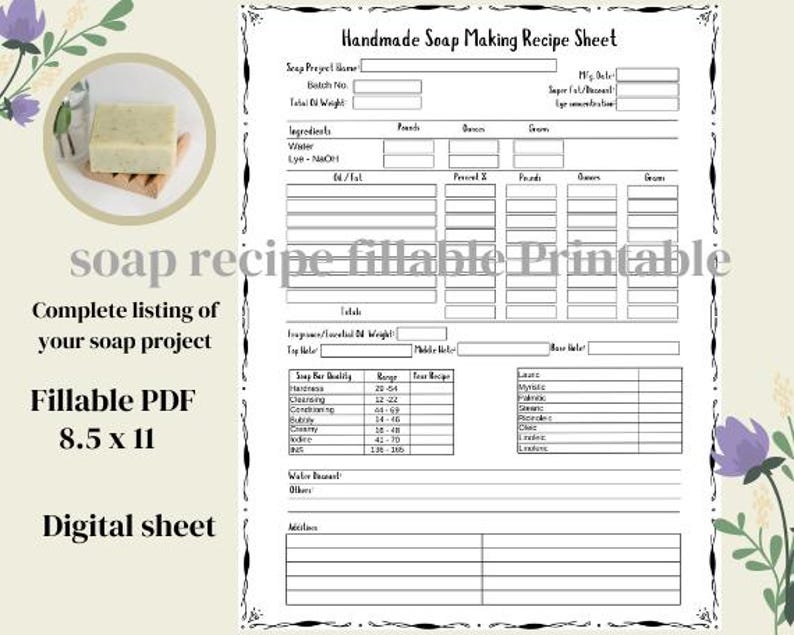 Printable Soap Recipe Sheet: Fillable Template (8.5 X 11) (digital ...