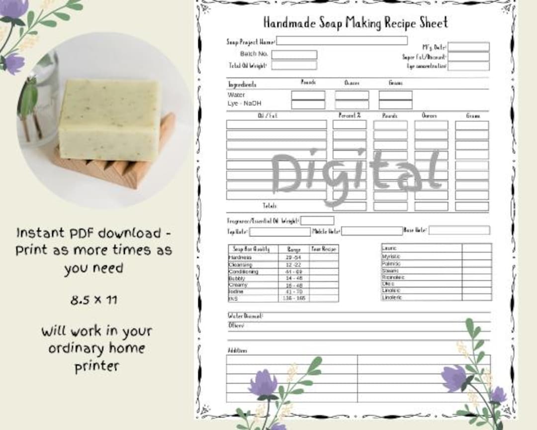 Printable Blank Soap Recipe Sheet, Soap Making Recipe Sheets, Soap ...