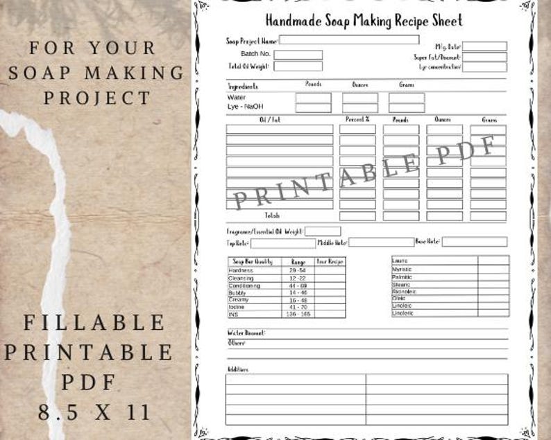 Printable Soap Recipe Sheet: Fillable Template (8.5 X 11) (digital ...