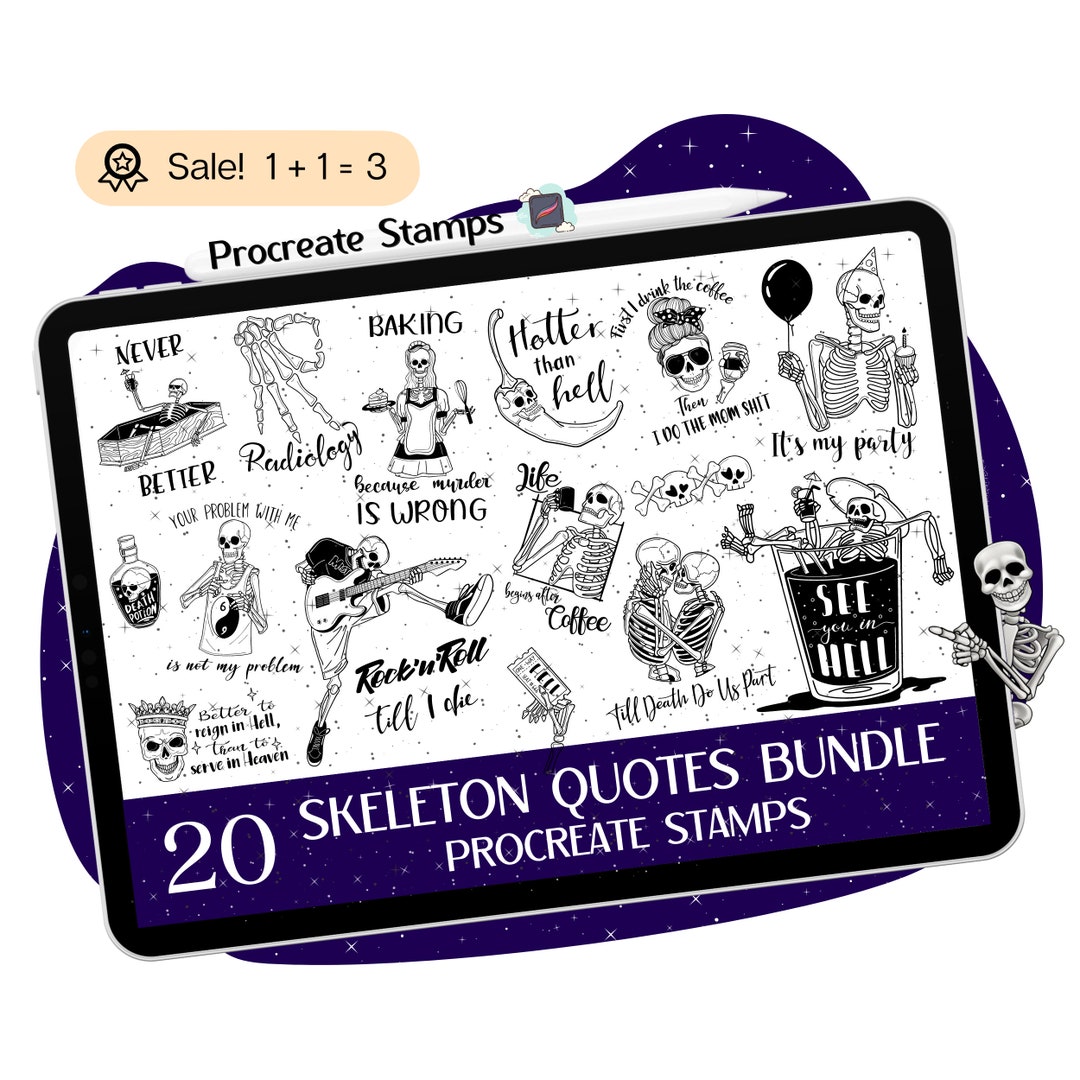 20 Funny Skeleton Quotes Procreate Stamps, Doodle Tattoo Brushes (1 ...
