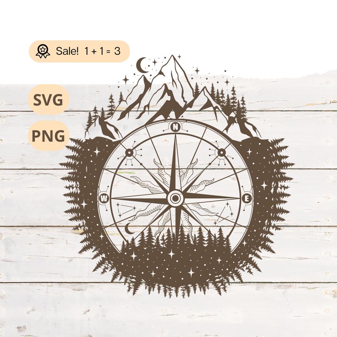 Compass and Mountain SVG PNG, Mountain SVG, Mountain Scene Svg, Compass ...