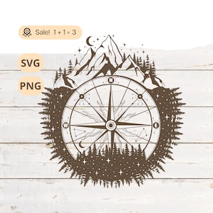 Compass and Mountain SVG PNG, Mountain SVG, Mountain Scene Svg, Compass ...