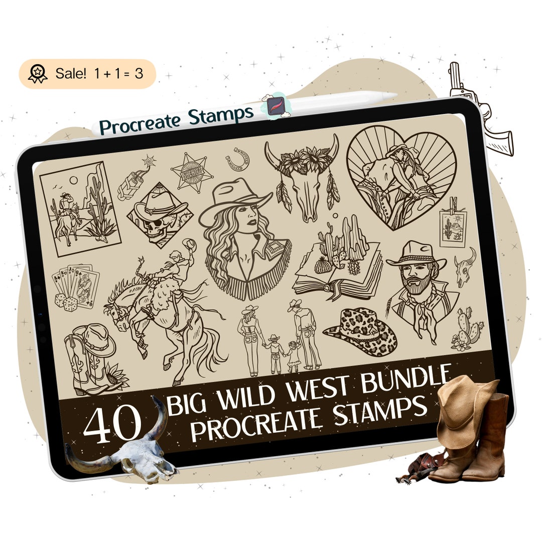40 Wild West Procreate STAMPS, Western Procreate BRUSHES, Cowboy STAMPS ...