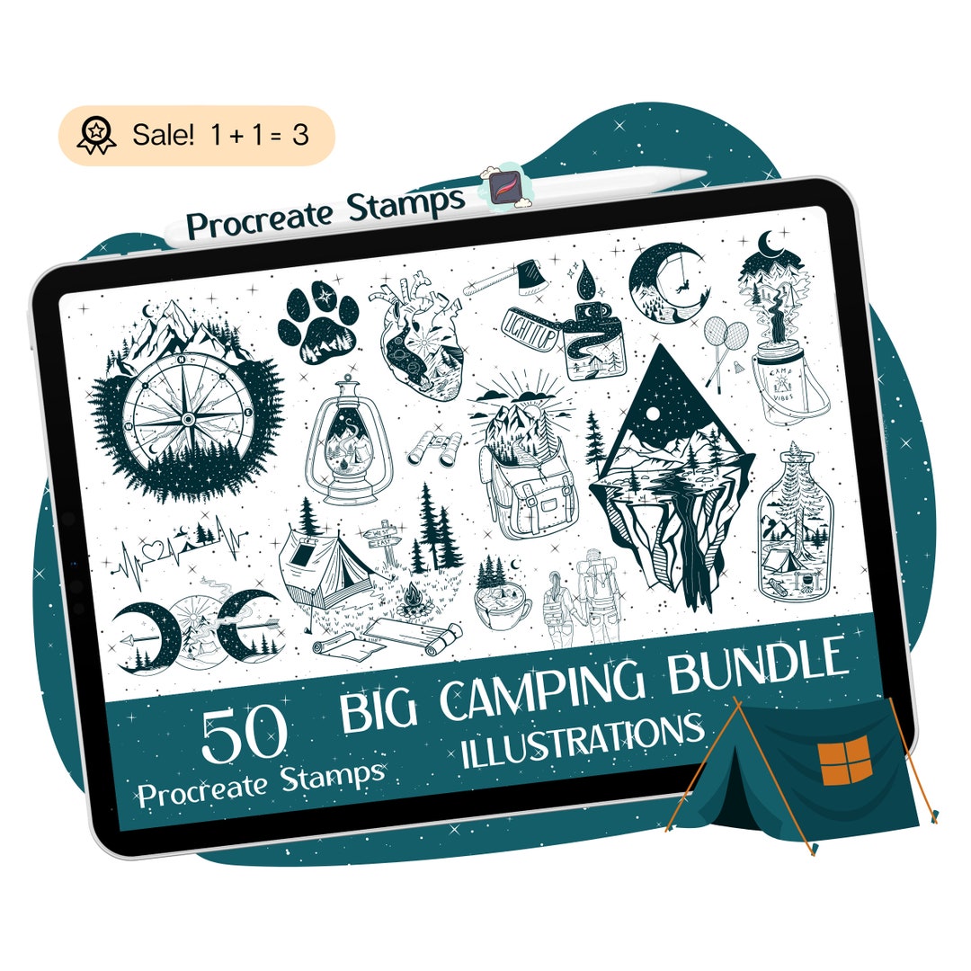 50 Camping Procreate Stamps, Hiking, Lake Life Doodle Brush (digital ...