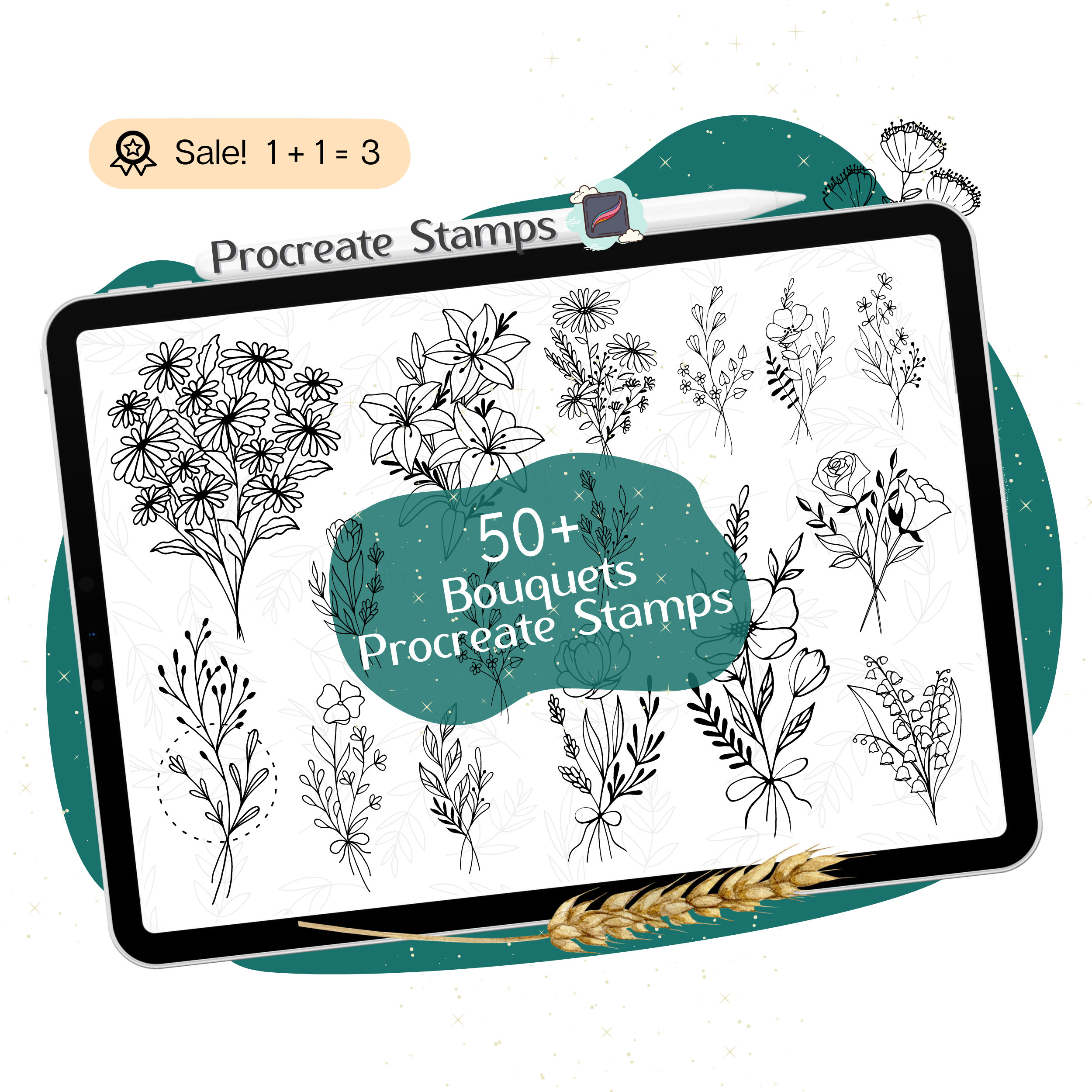 50 Flower Bouquet Procreate STAMPS Wildflower Procreate - Etsy