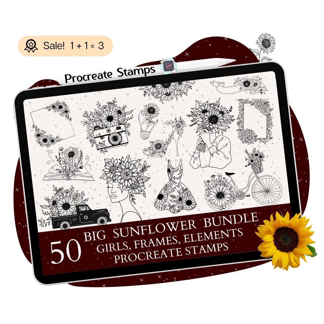 50 Sunflower Procreate STAMPS, Sunflower Procreate BRUSHES, Floral ...