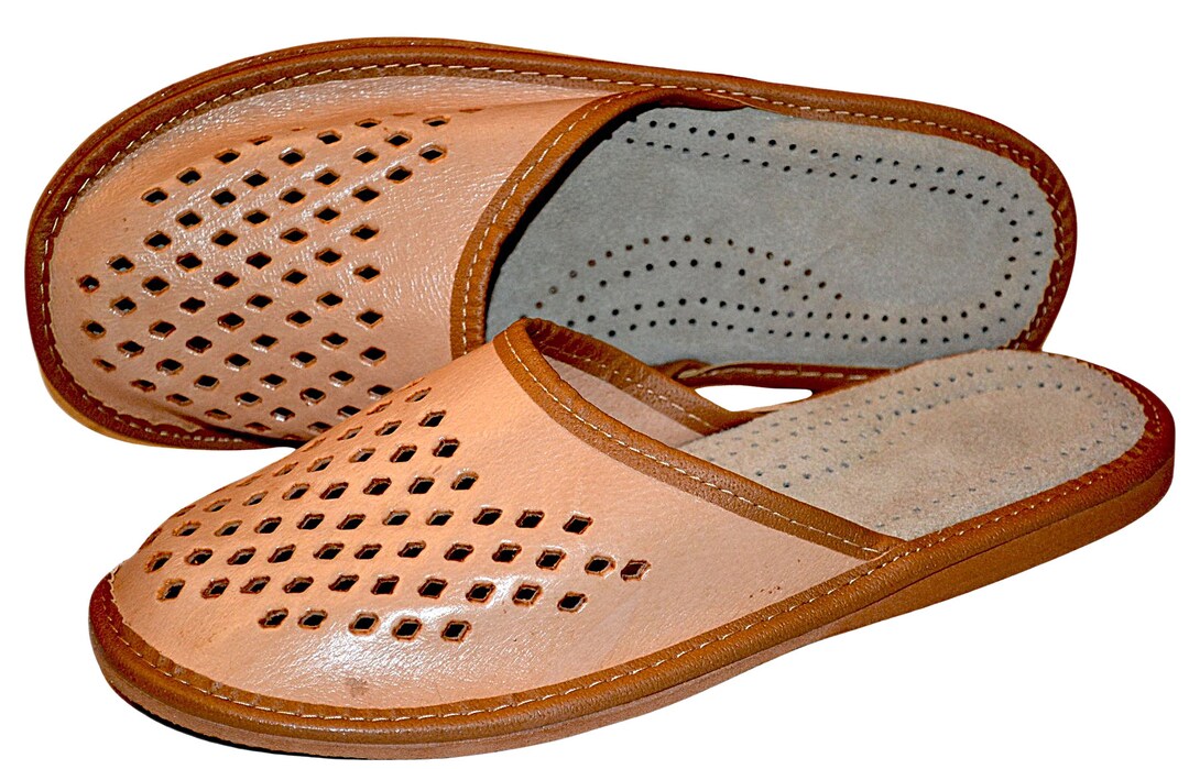 Men's Natural Leather Slippers Beige Indoor Soft Scuff - Etsy
