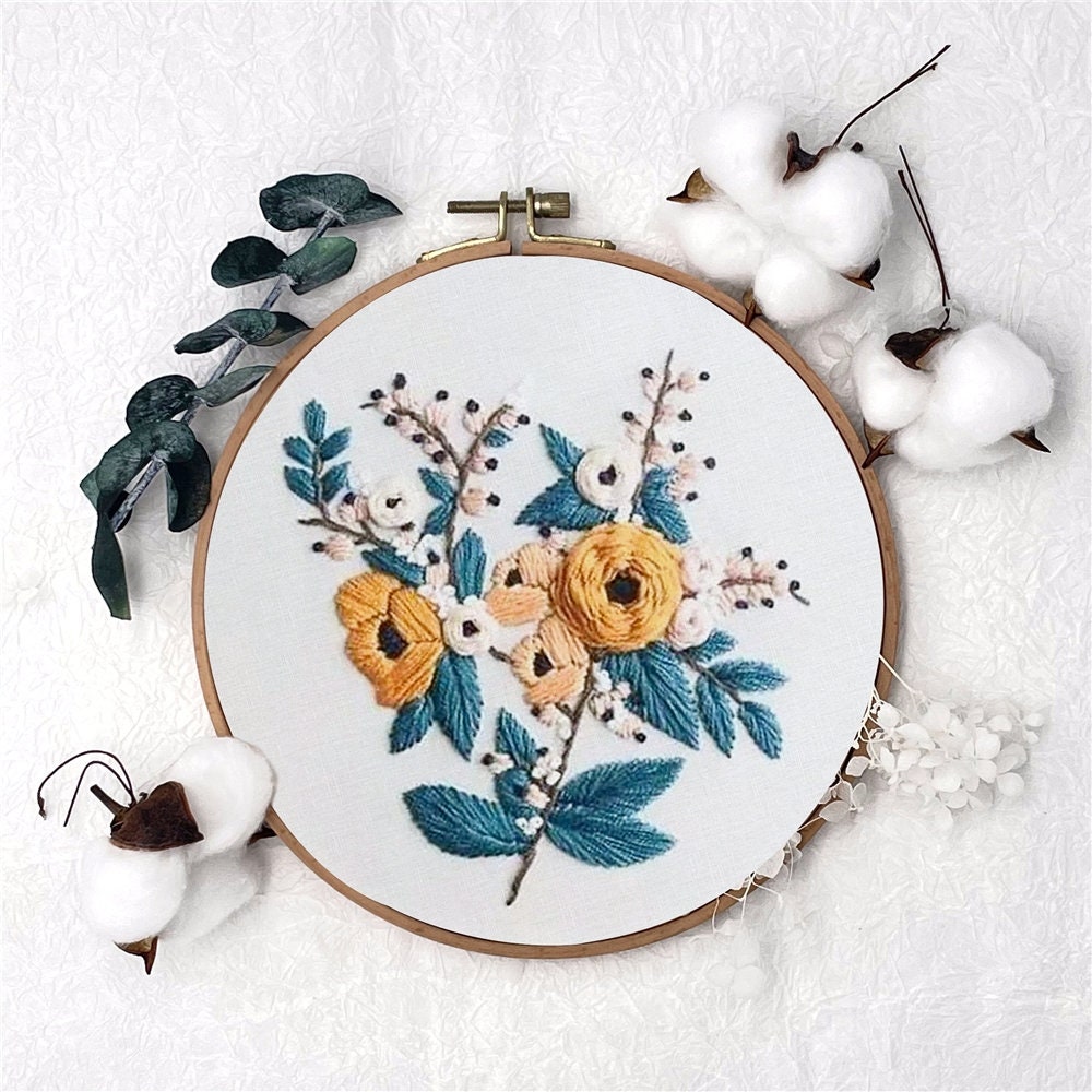 Hand Embroidery Full Kit, Stitching Kit for Beginner, Floral Embroidery ...