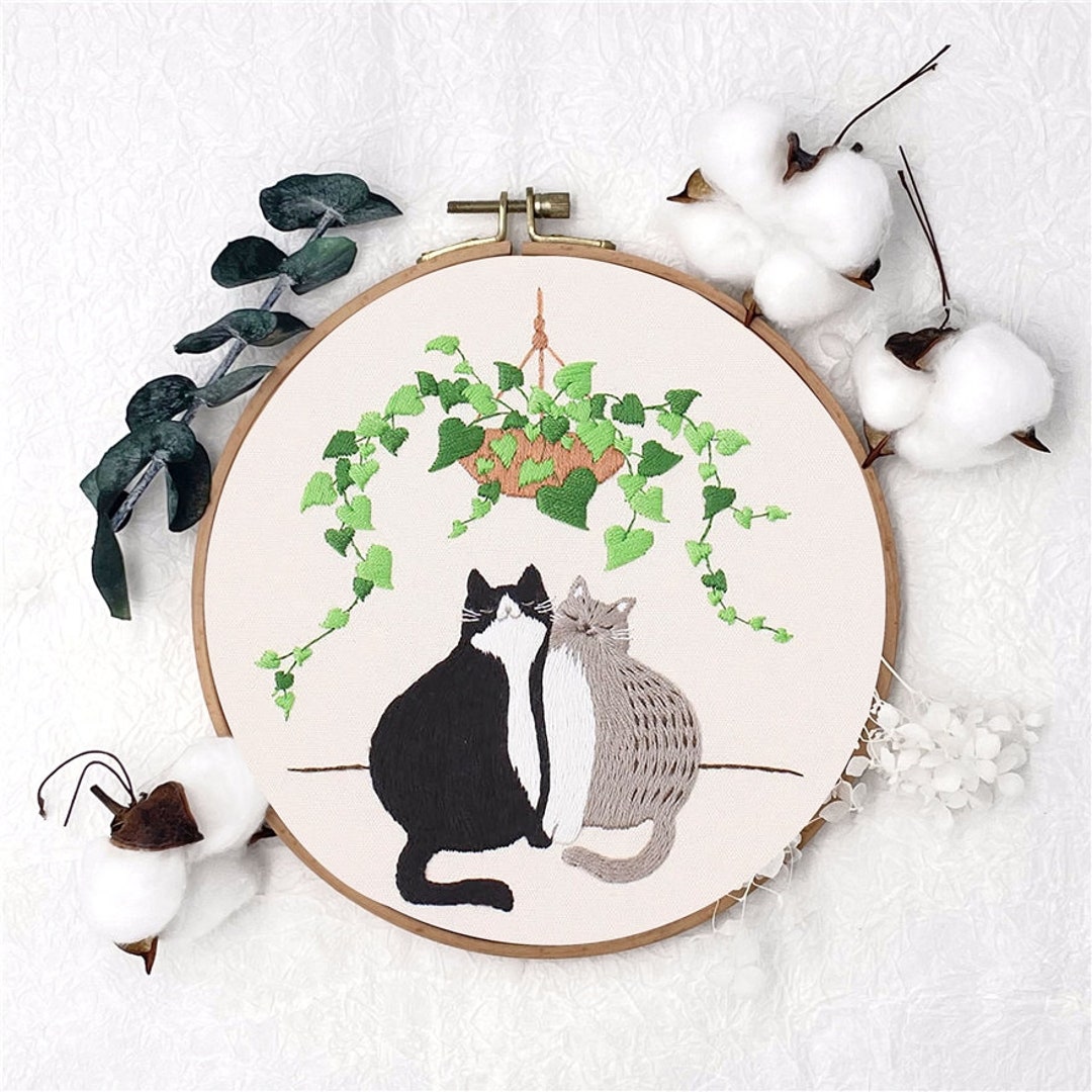 Cat Embroidery Kit, Plant Cat Embroidery Pattern, Cute Kitty, Easy ...