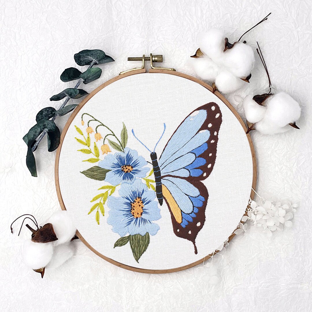 Floral Embroidery Pattern, Butterfly Embroidery Kit, Beginner Stitching ...