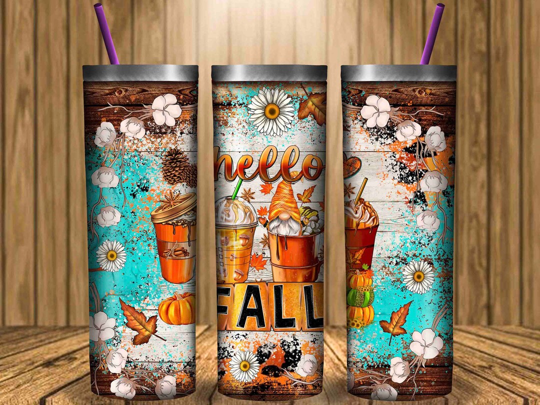 Hello Fall Coffee Cups 20oz Skinny Tumbler Sublimation Designs, Hello ...