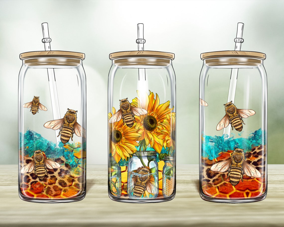 Bee Honeycomb Mason Jar 16oz Libbey Glass Png 16oz Libbey - Etsy