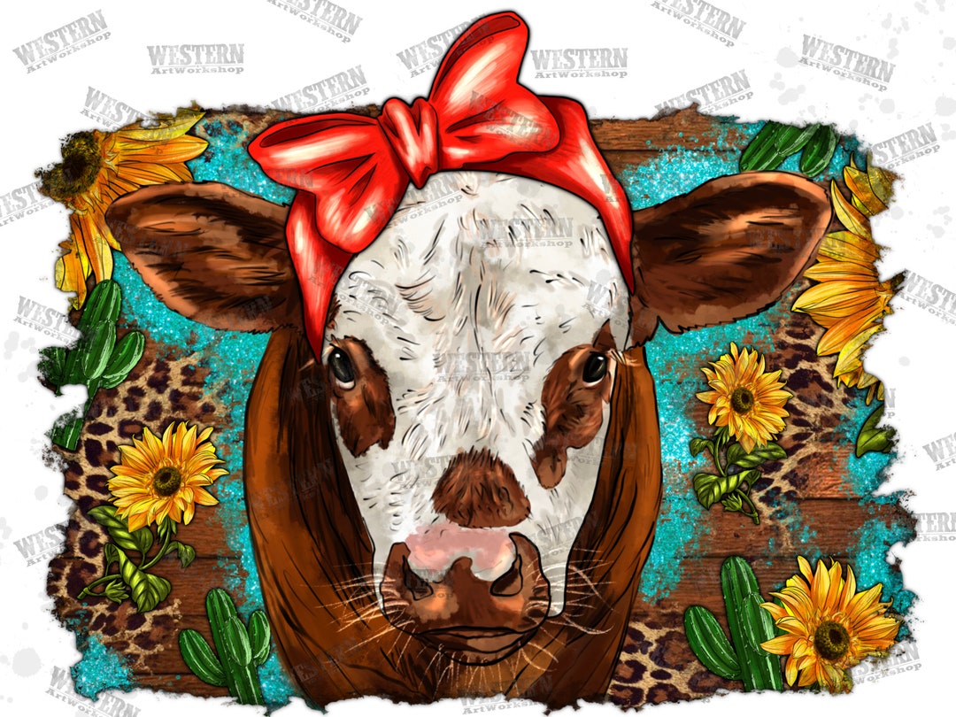 Hereford Cattle Cow With Turquoise and Leopard Background Png, Cow With ...