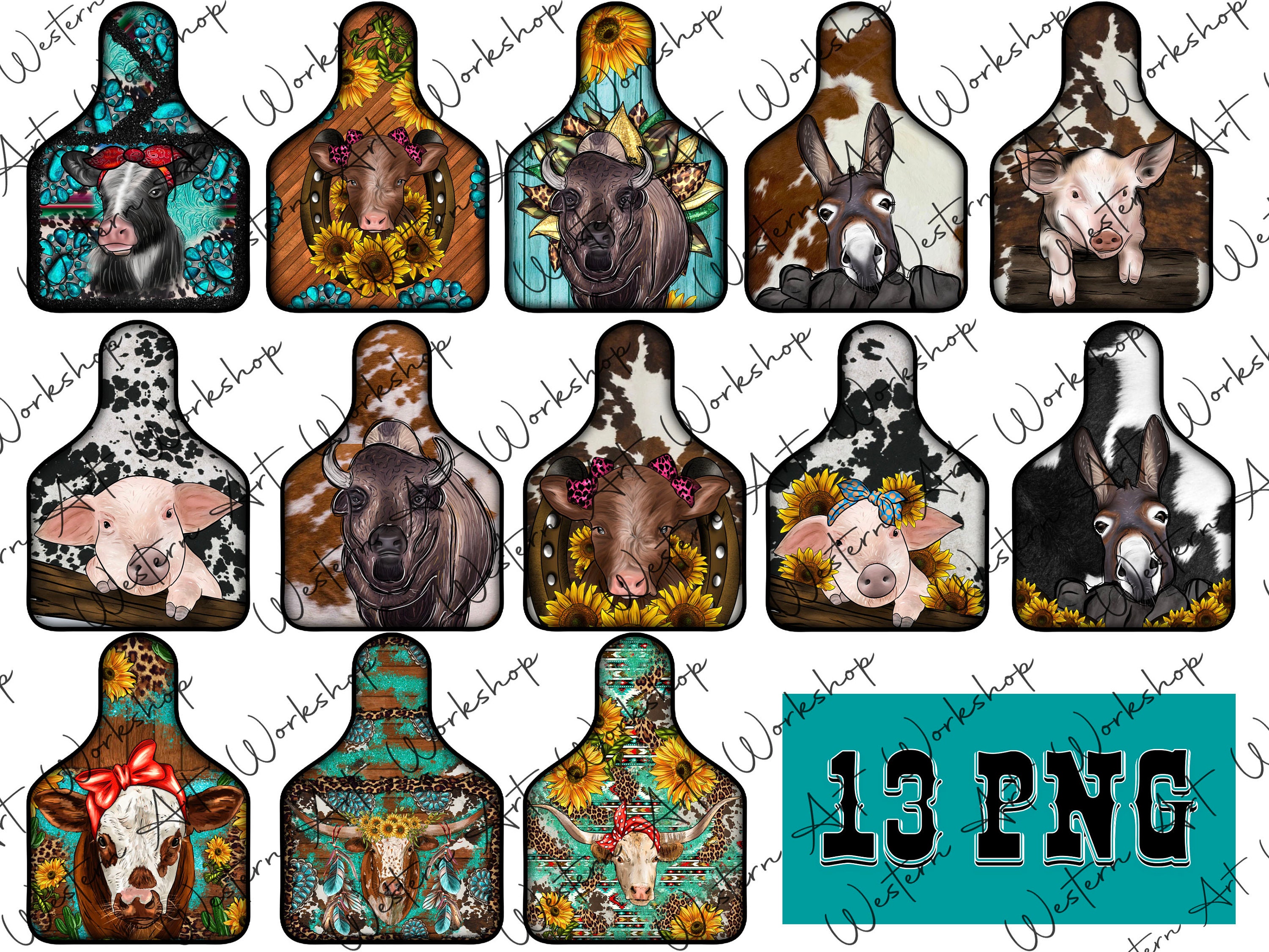 Western Animal Cow Tag Bundle Png Bandana Cow Png Watercolor - Etsy