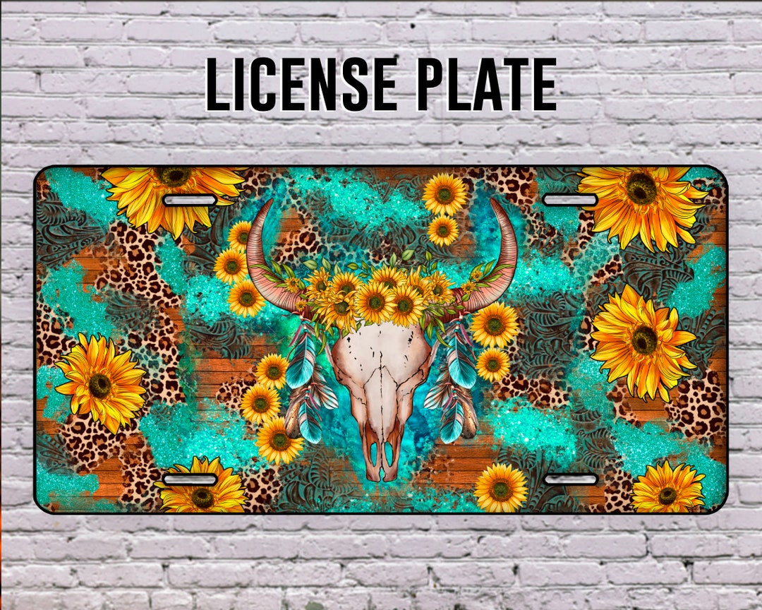 Western Sunflowers Bull Skull License Plate Png, Leopard Cowhide ...