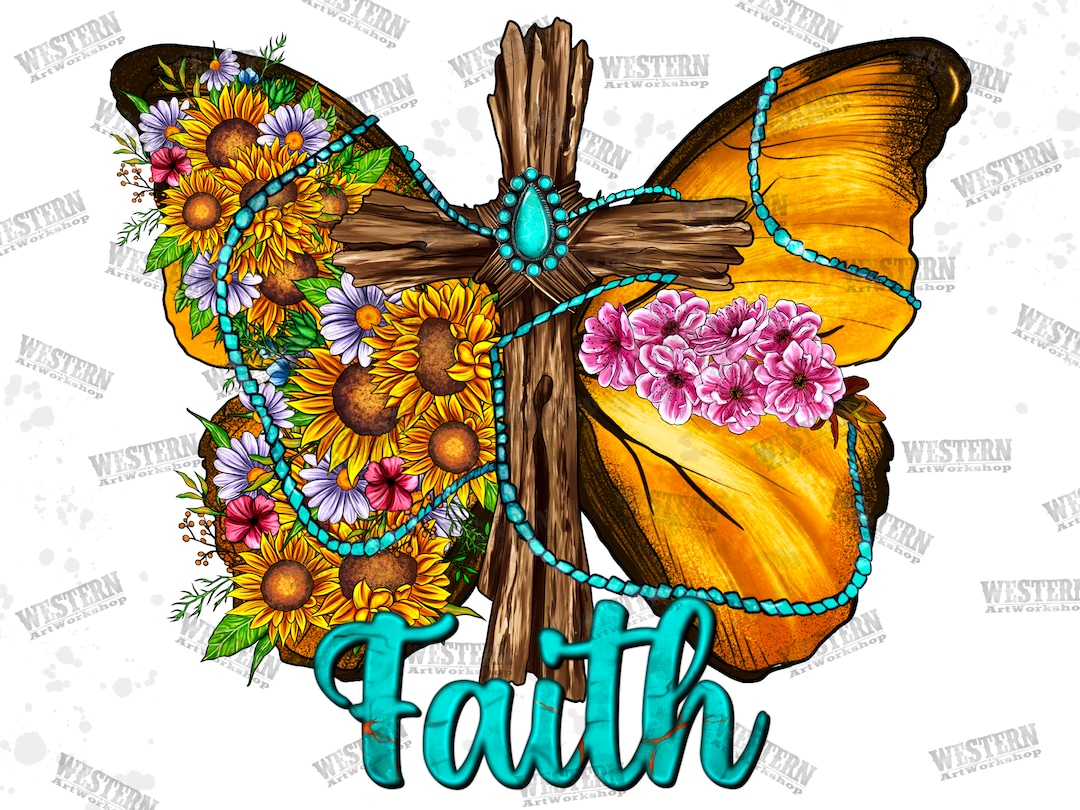 Faith Butterfly With Sunflower and Cross Png Sublimation Design, Faith ...