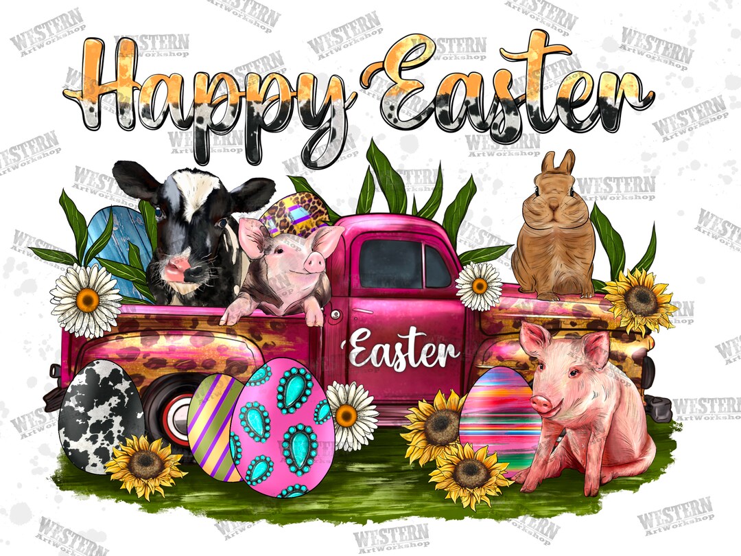 Happy Easter Truck With Farm Animals Png Sublimation Design,happy ...