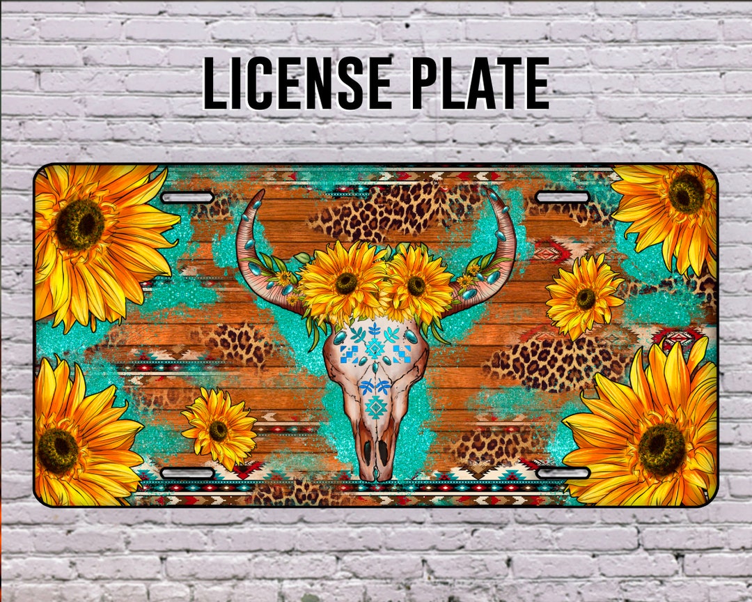Western Sunflowers Bull Skull License Plate Png Leopard - Etsy