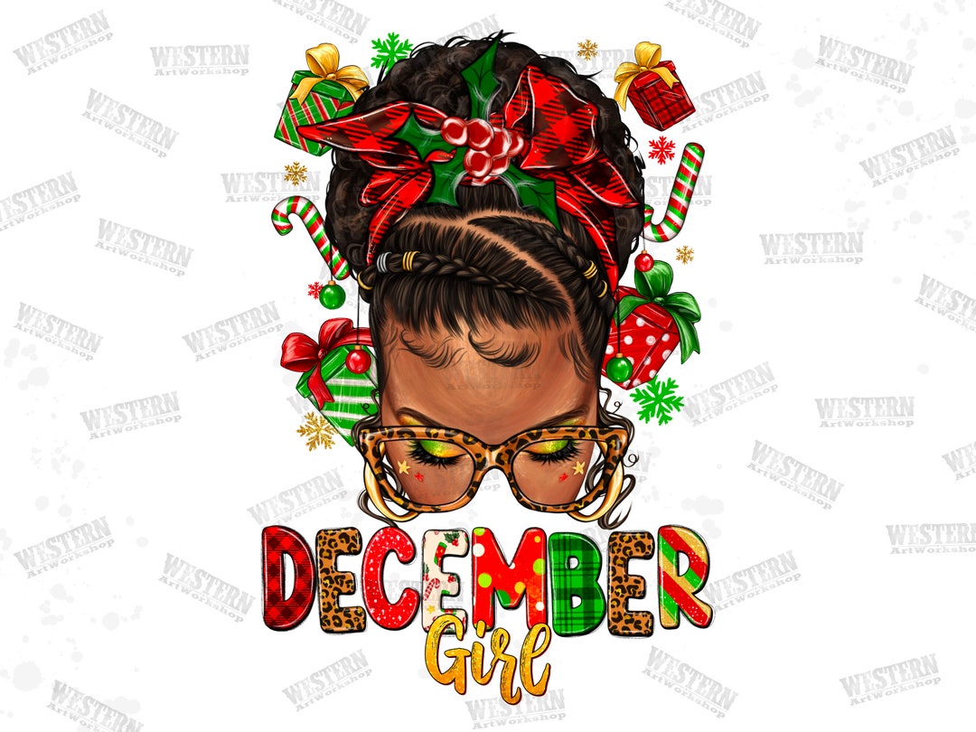 December Girl Christmas Afro Messy Bun Png, Merry Christmas Png, Happy ...