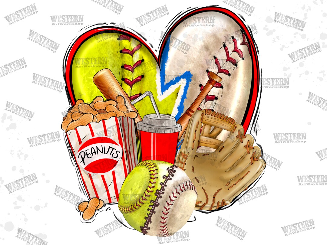 Half Softball Baseball Heart Png, Watercolor Sublimation , PNG Design ...