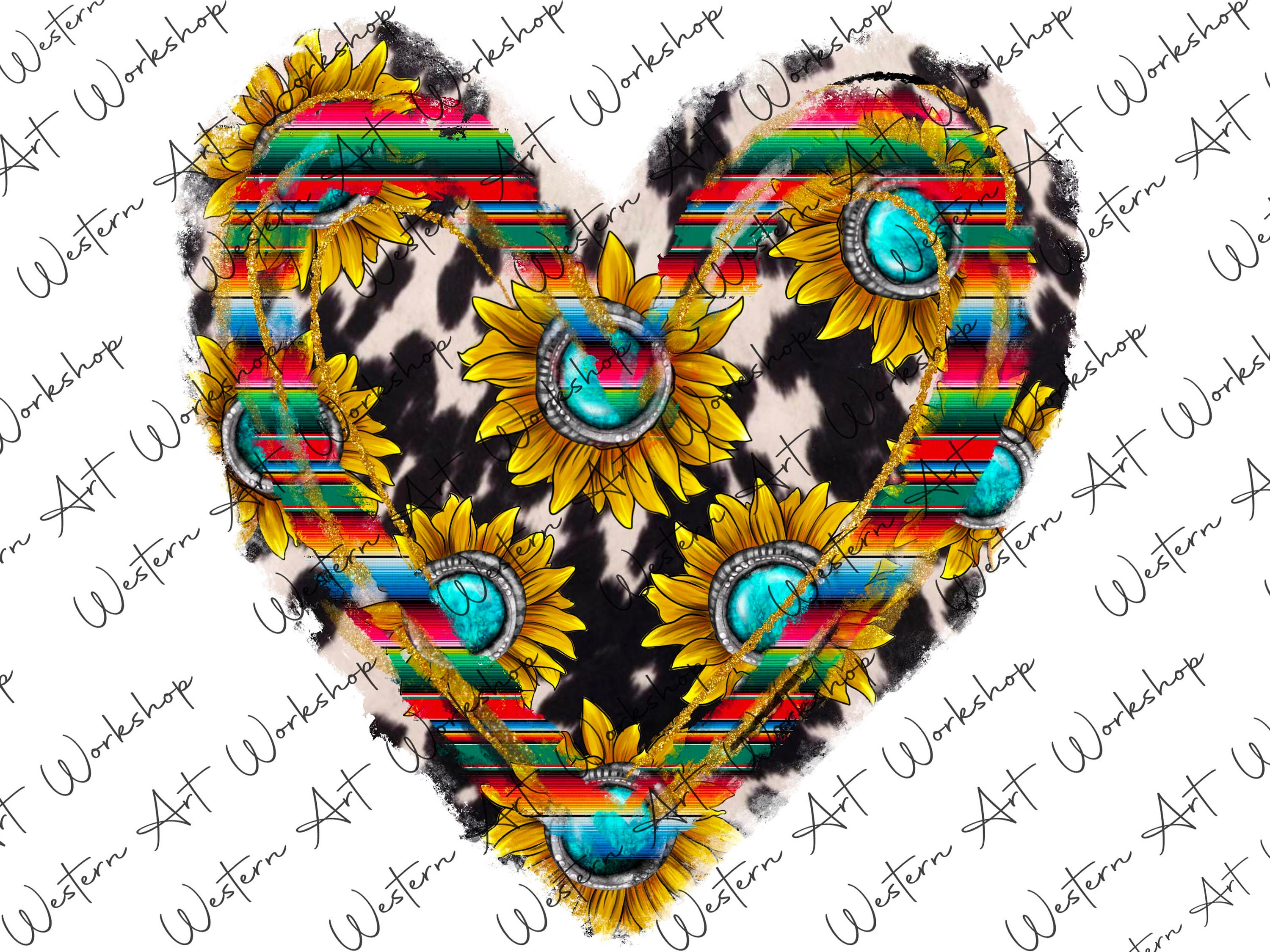 Cowhide Heart Sunflower Png Serape Heart Png Western Heart - Etsy