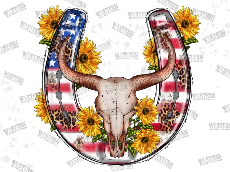 USA Flag Horseshoe Bull Skull Sunflower Png USA Flag Bull - Etsy