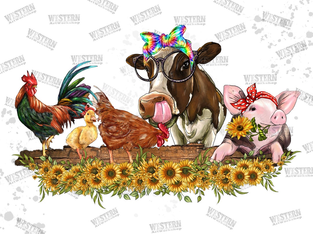 Rooster Duck Chicken Cow and Pig With Sunflower Bouquet Png, Farm ...