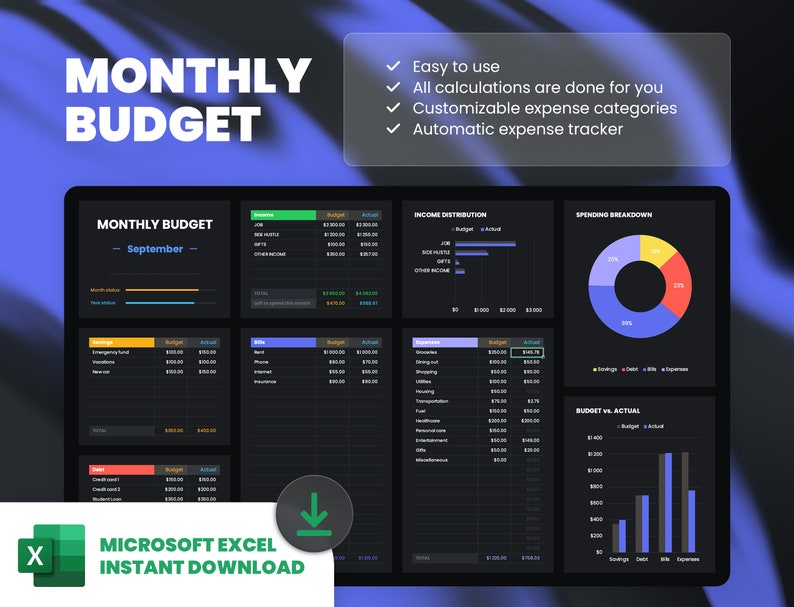 Excel | Simple Monthly Budget Spreadsheet | Monthly Budget Dashboard ...