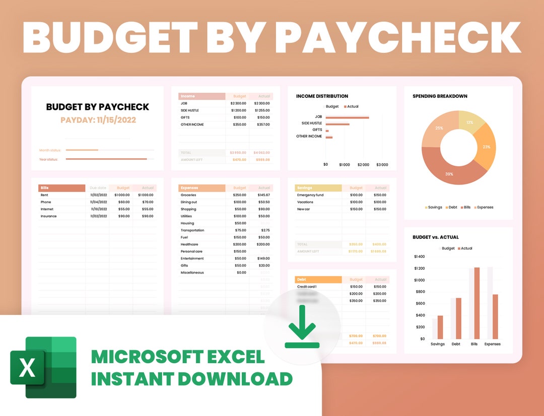 Excel Budget by Paycheck Spreadsheet Weekly Budget Dashboard Personal ...