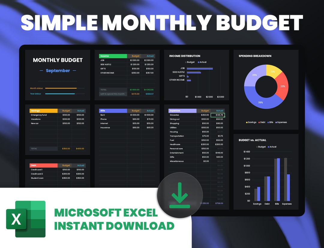 Excel | Simple Monthly Budget Spreadsheet | Monthly Budget Dashboard ...