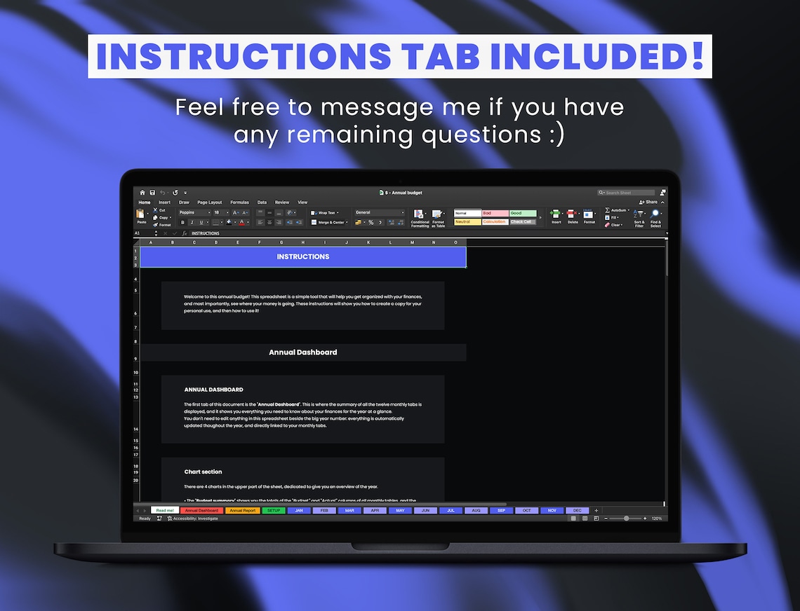 Excel | Dark Mode Annual Budget Spreadsheet | Annual Budget Dashboard ...